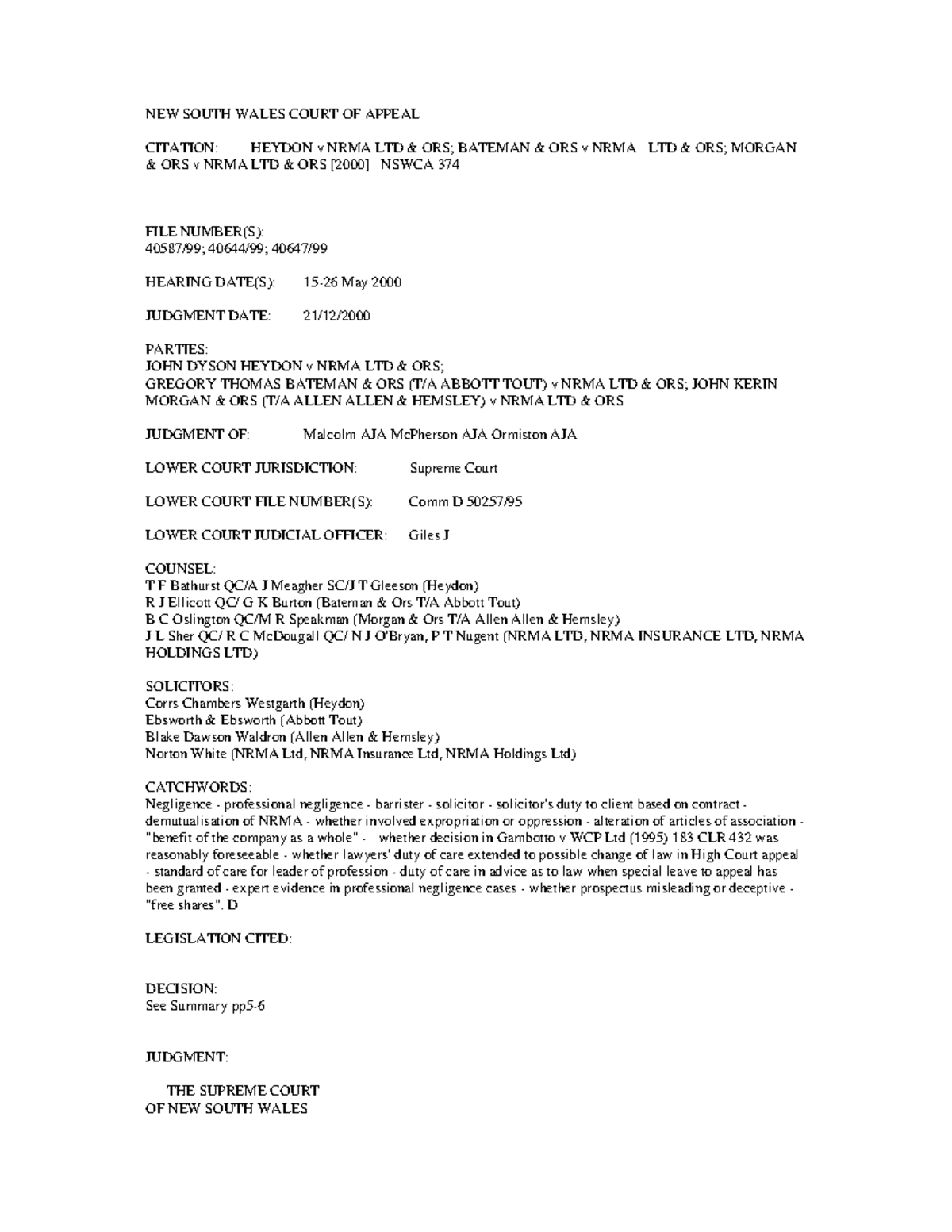 Heydon v NRMA [2000] NSWCA 374 - Overview & Key Legal Issues - Studocu