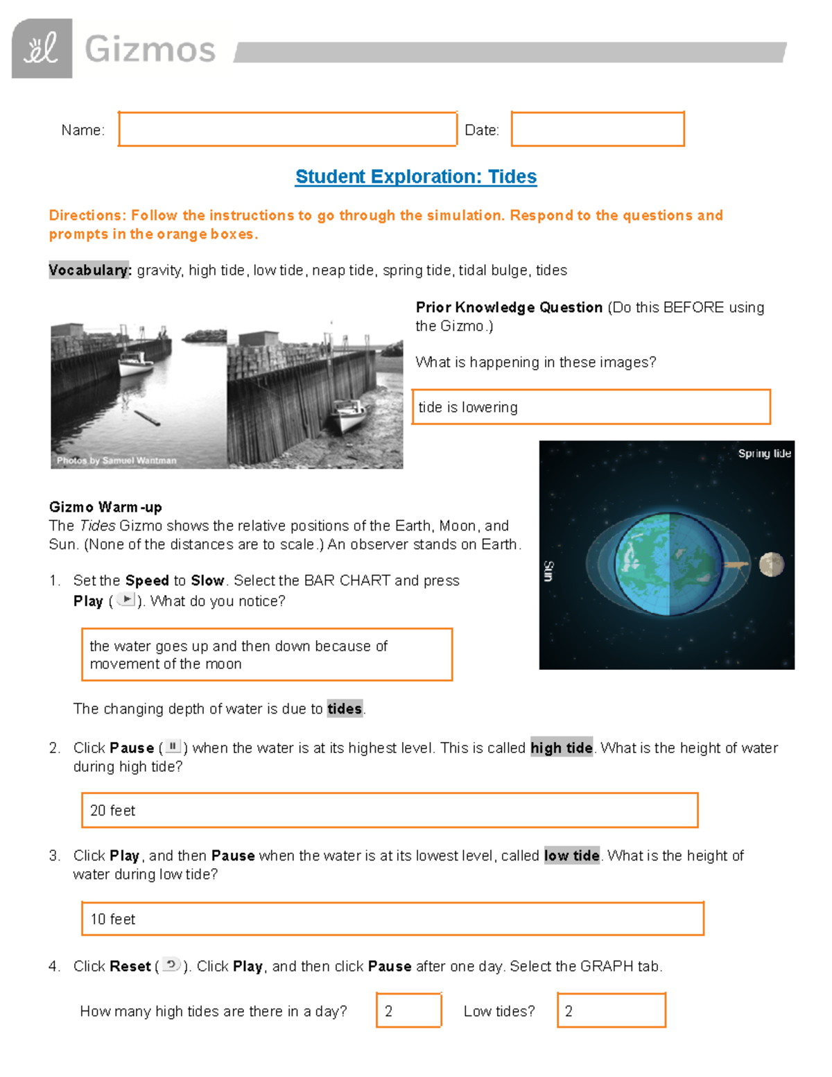 Student Exploration: Tides Gizmo Activity Log & Observations - Studocu
