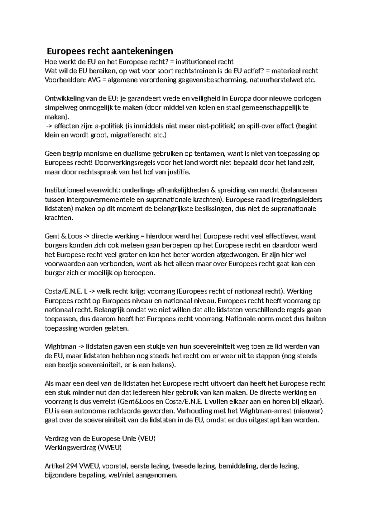 Europees Recht Aantekeningen: Werking en Structuur van de EU - Studeersnel