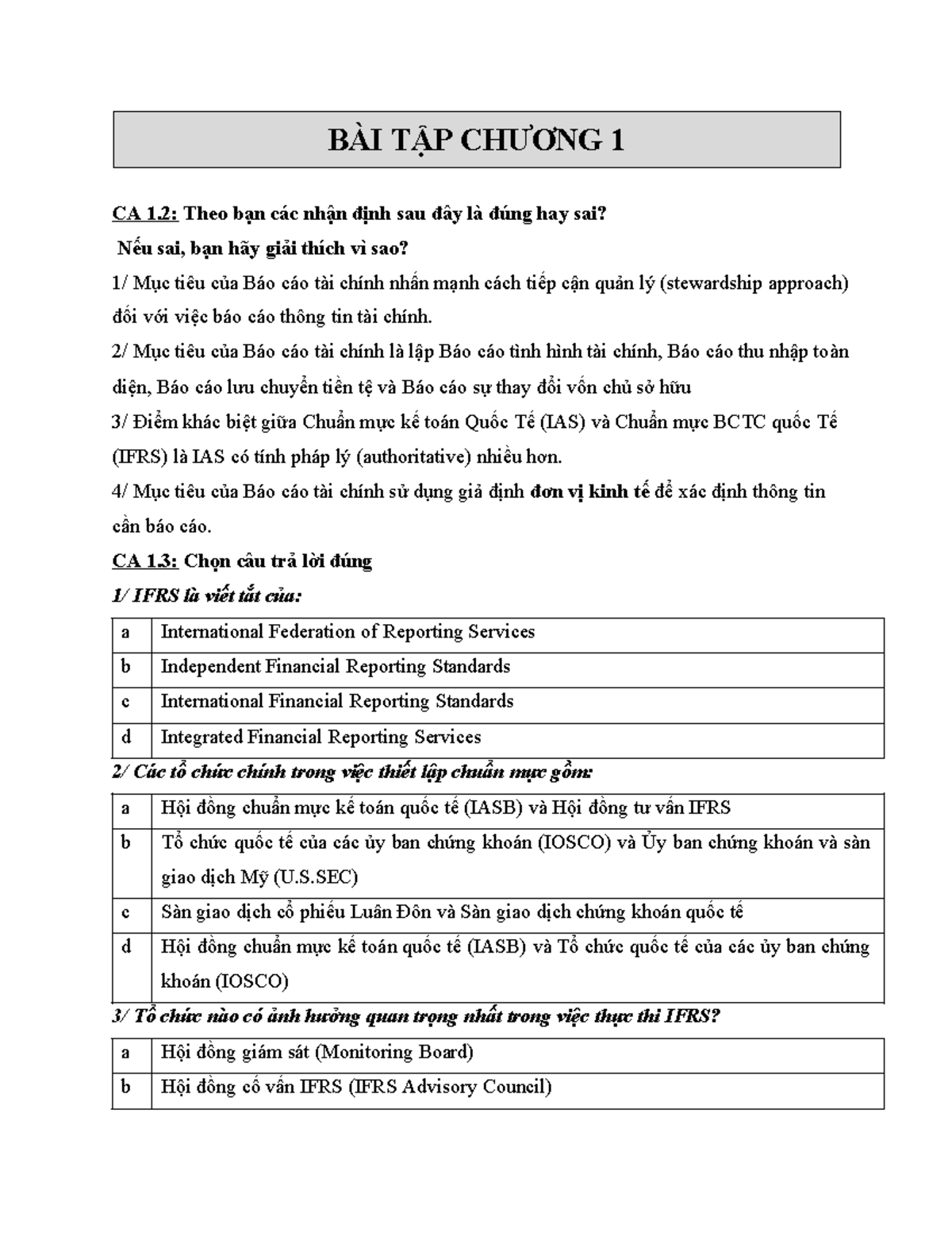 BÀI TẬP CHƯƠNG 1 CA 1.2: Nhận định về Báo cáo tài chính và IFRS - Studocu
