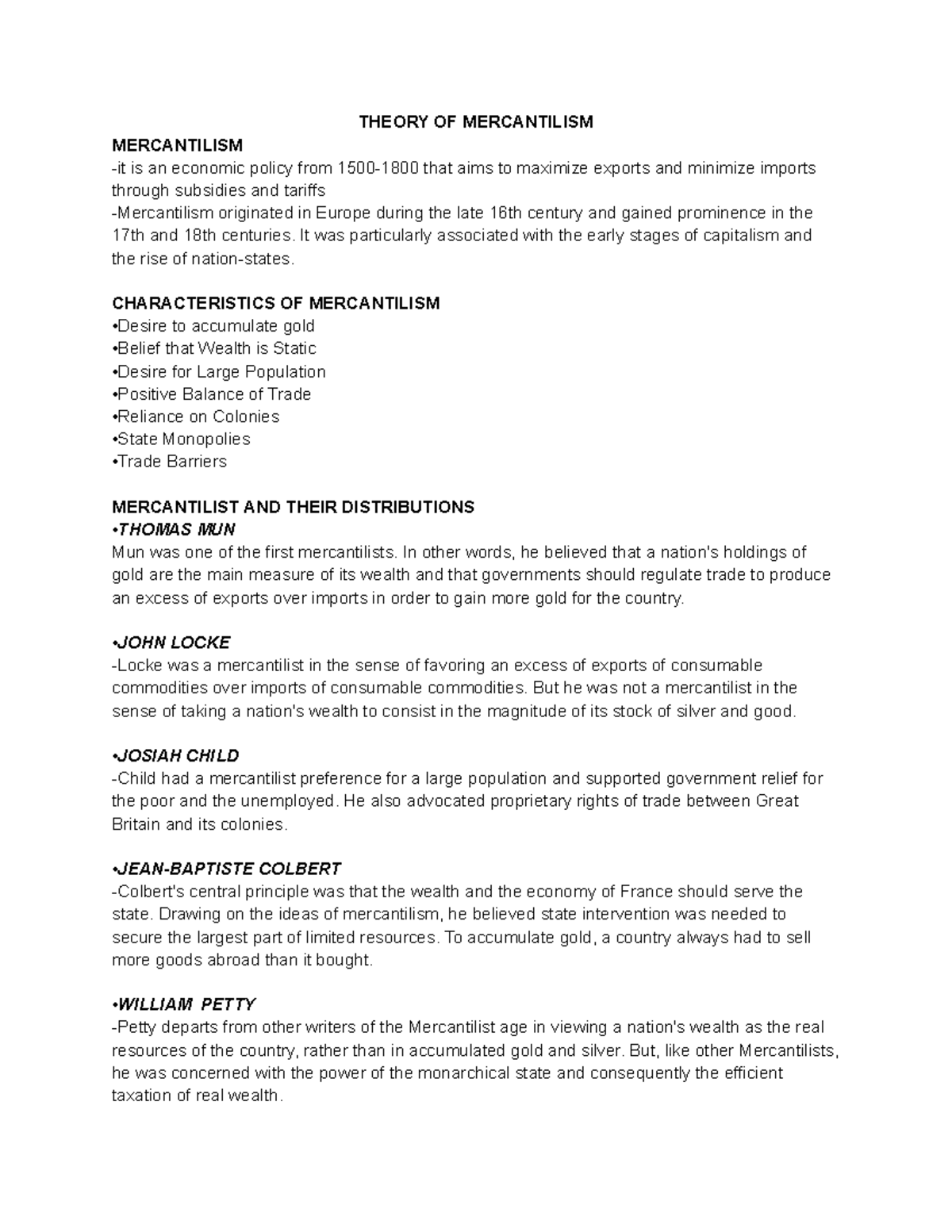 ENTR 101: Overview of Mercantilism and Economic Theories - Studocu