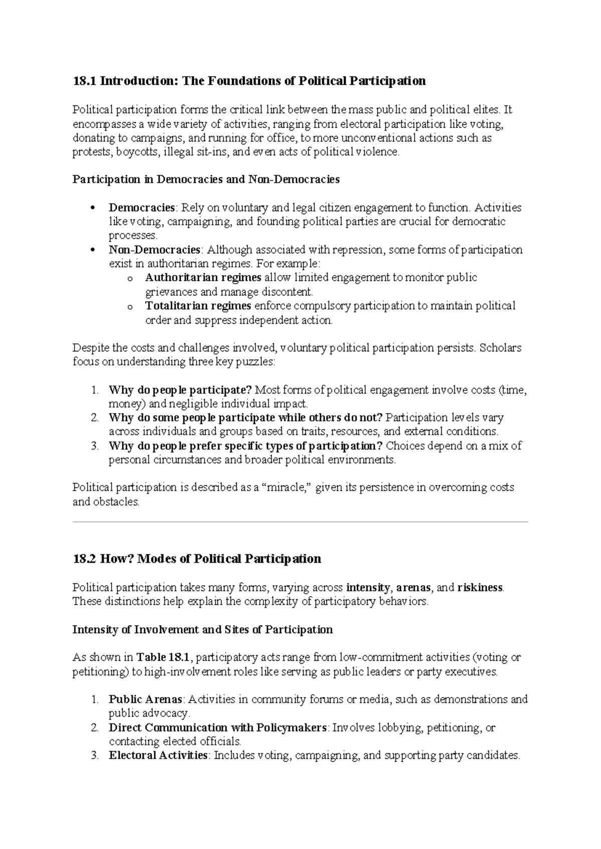 Political Participation Overview: Caramani Ch. 18 Summary - Studocu