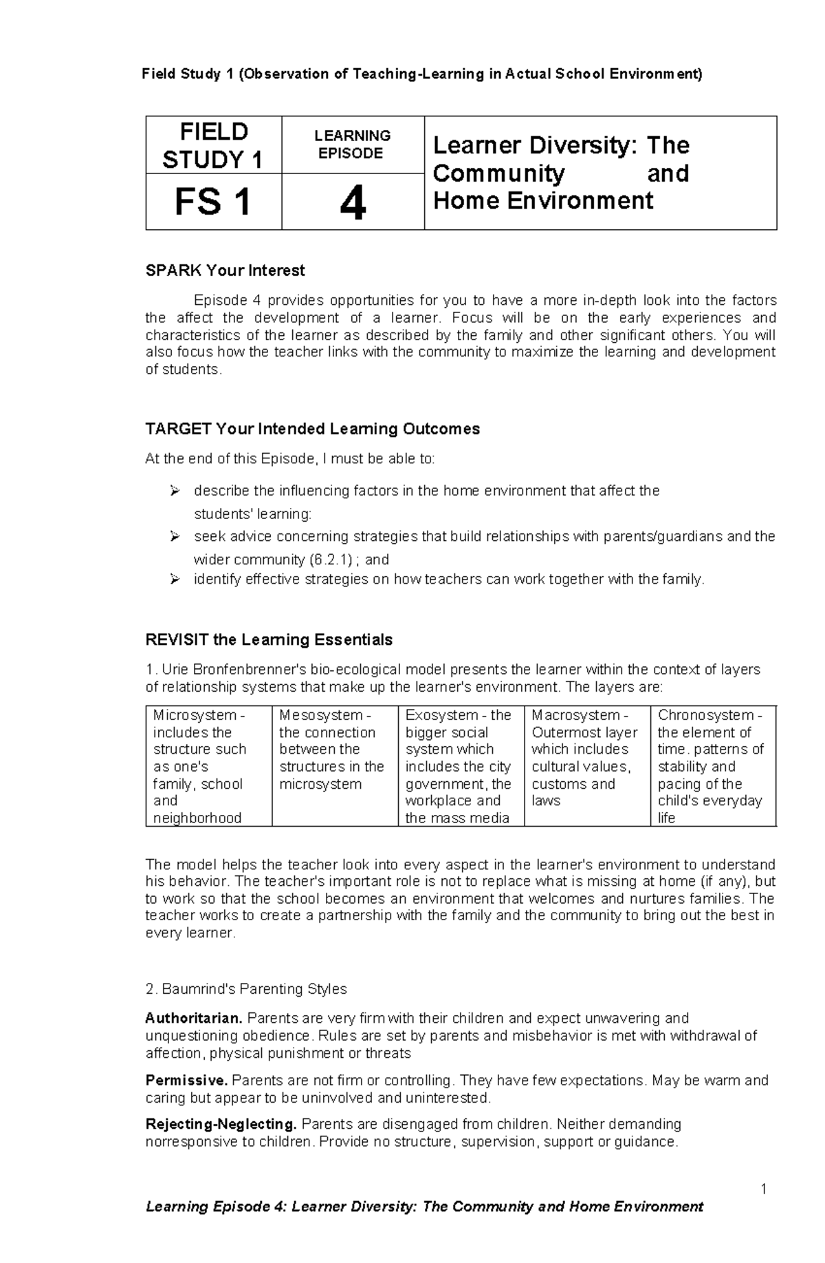 EP4 FS1 Understanding Learner Diversity: Community & Home Influences ...