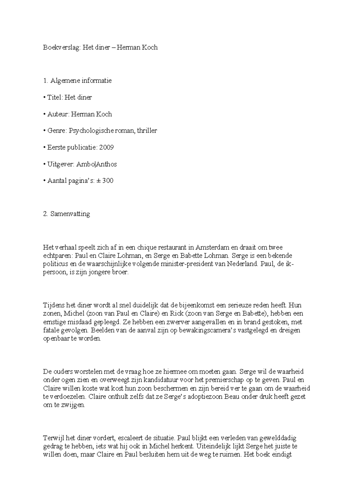 Boekverslag: Het diner van Herman Koch - 5 VWO Analyse en Reflectie - Studeersnel