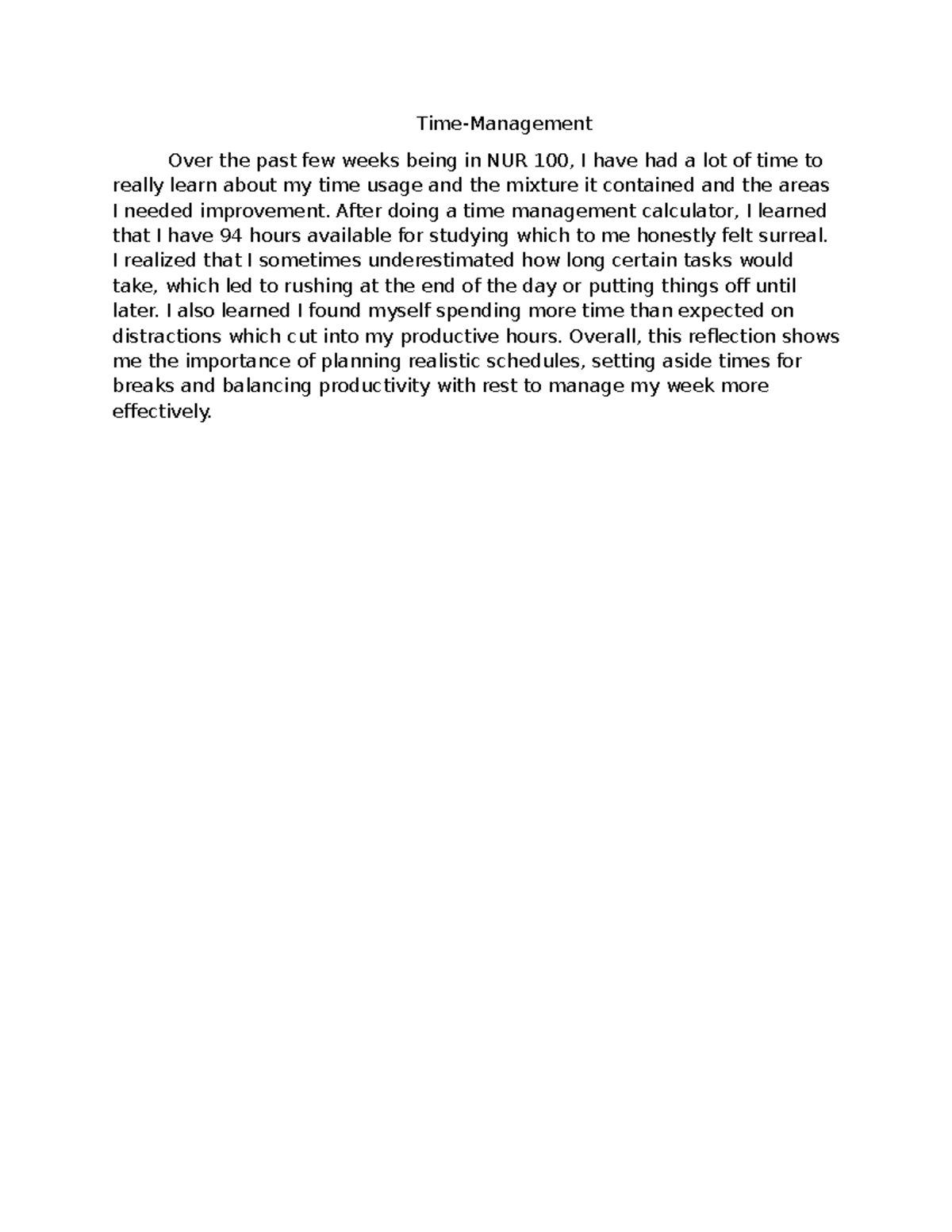 NUR 100: Time Management Reflection and Study Notes - Studocu