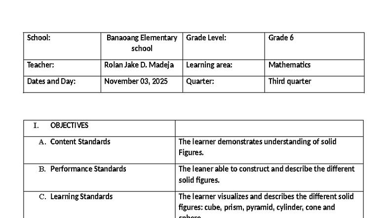 Math 6: Understanding Solid Figures - Lesson Plan - Studocu