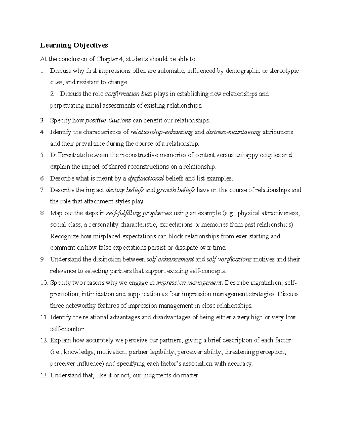 Learning Objectives for Chapter 4: Relationship Dynamics and Perception ...