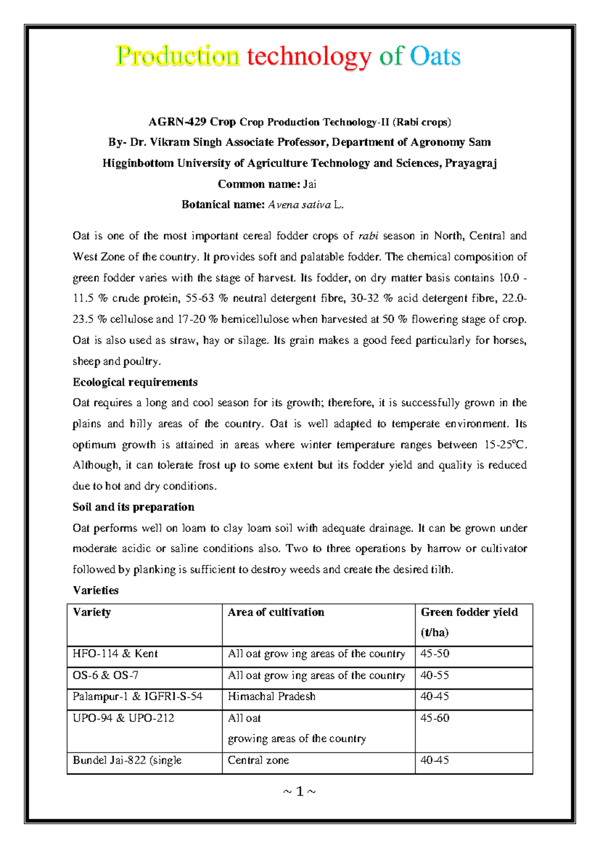AGRN-429 Lecture Notes: Oats - Crop Production Technology-II - Studocu