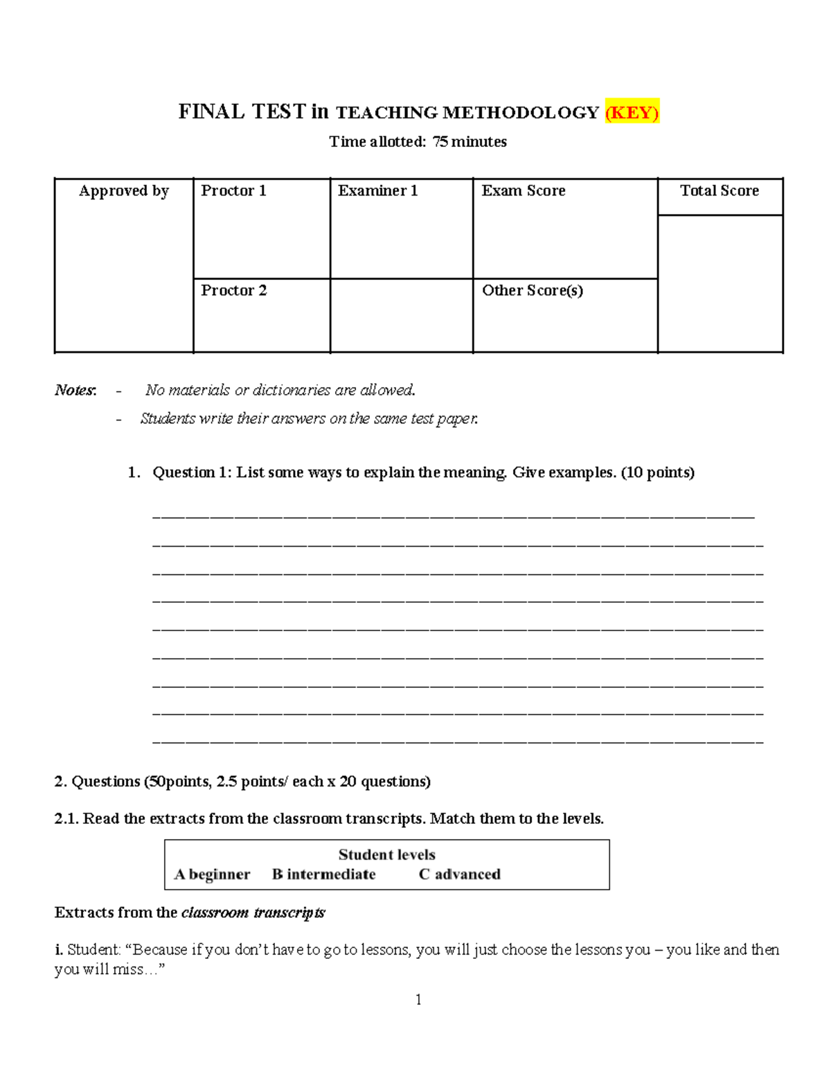 Teaching Methodology FINAL TEST (Key) - Sample Exam Documents - Studocu