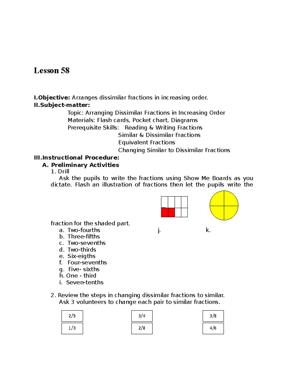 Lessons-59-A: Lesson Plan on Arranging Dissimilar Fractions - Studocu