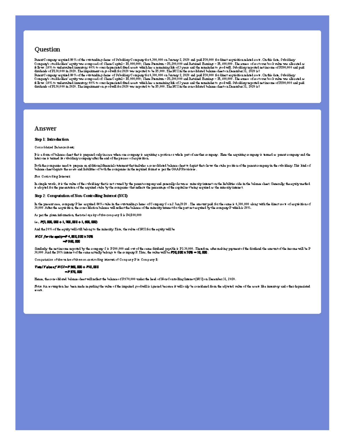 NCI Calculation for Parent Company & Subsidiary in Consolidated FS ...