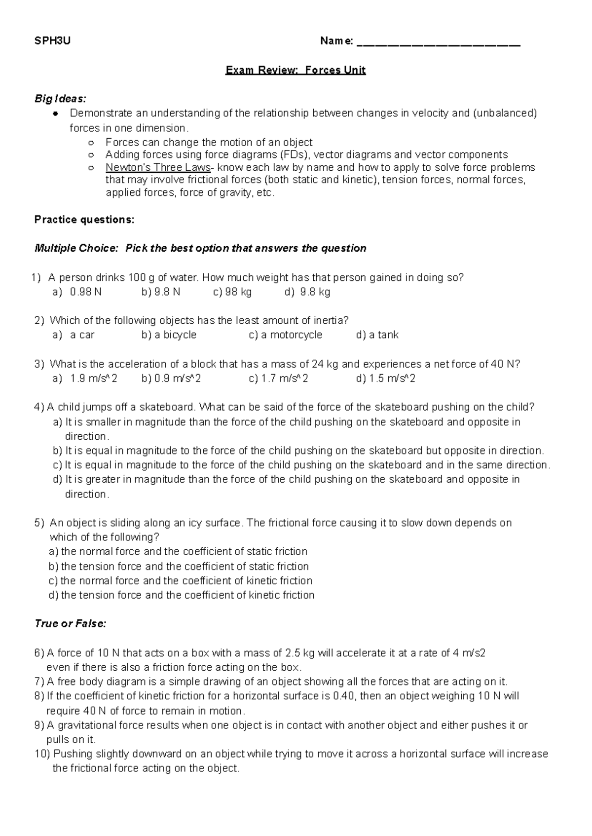 Forces Review - Practice question - SPH3U Name ...