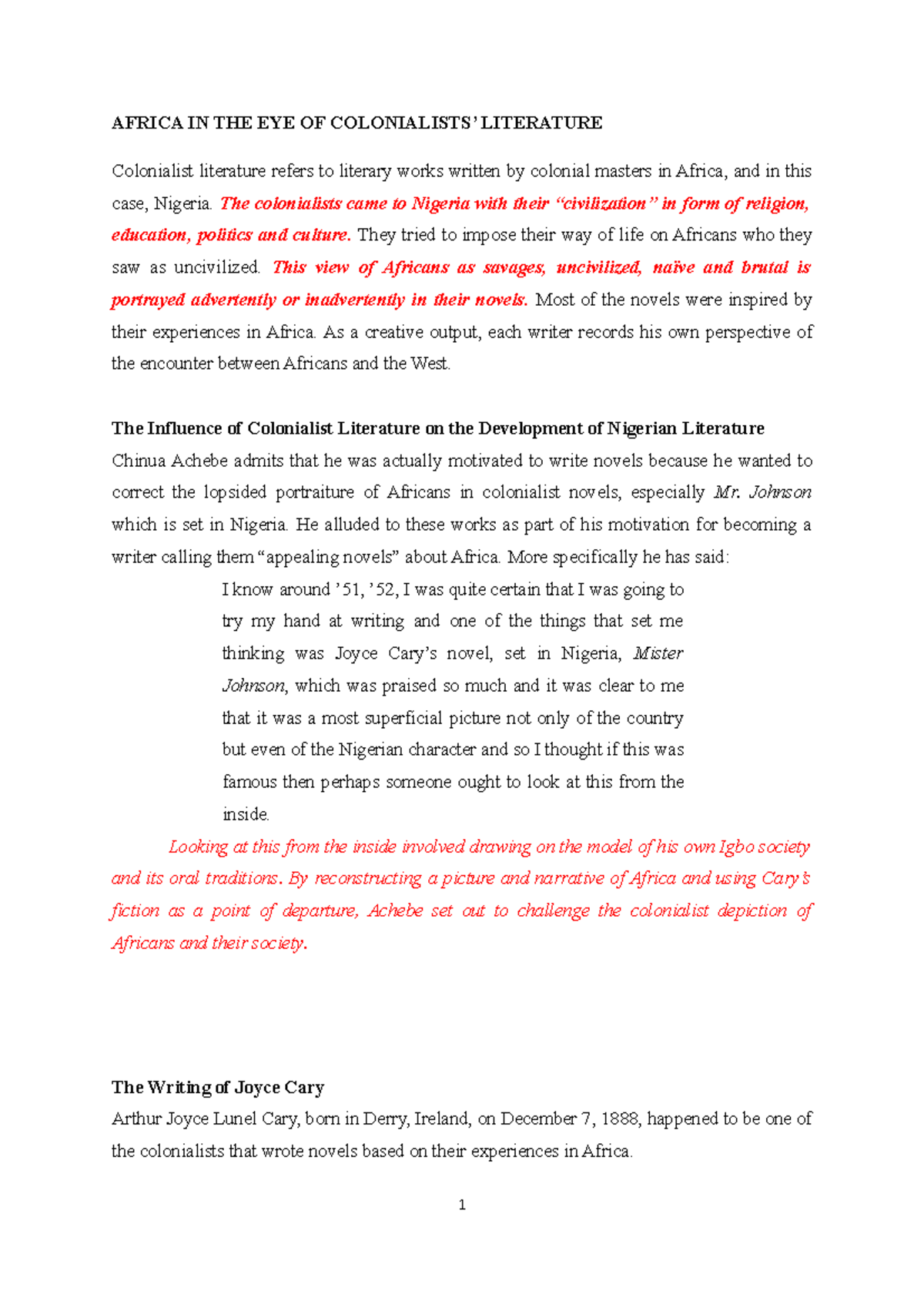 Africa and Colonialism: Perspectives from Literature and Writers - Studocu