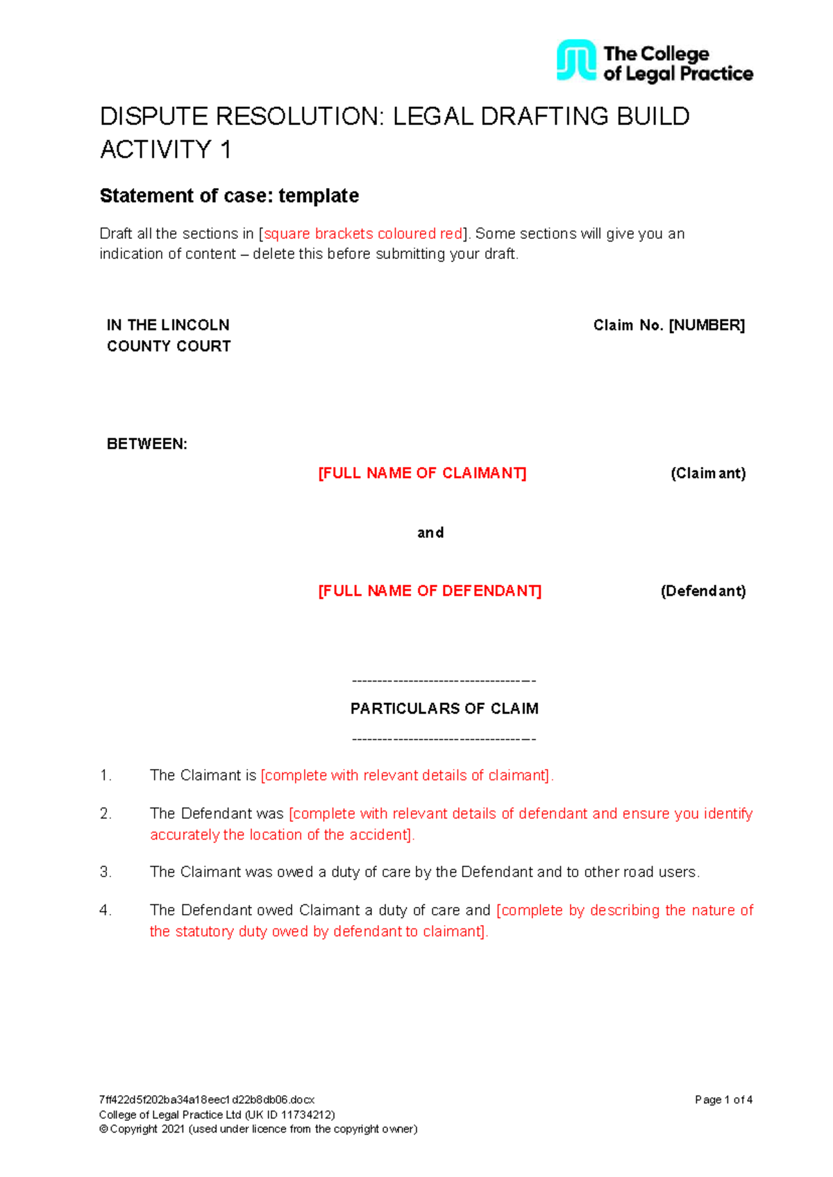 SLS DISP 2021: Statement of Case Drafting Template for Dispute ...