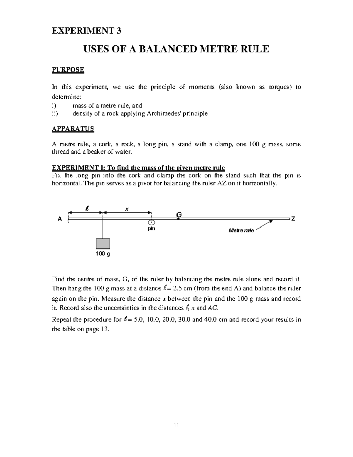 PH102 Experiment 3: Uses of a Balanced Metre Rule and Density ...