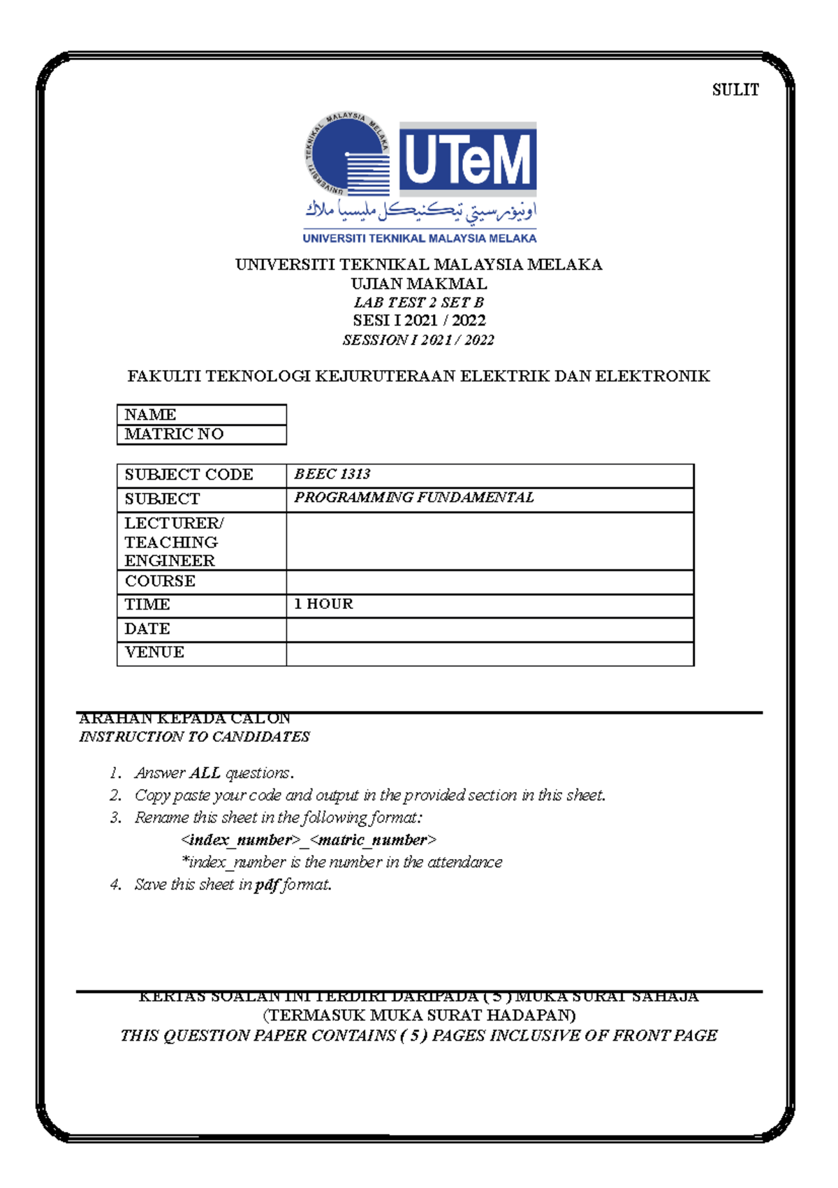 Labtest 2 Programming Converted Sulit Universiti Teknikal Malaysia