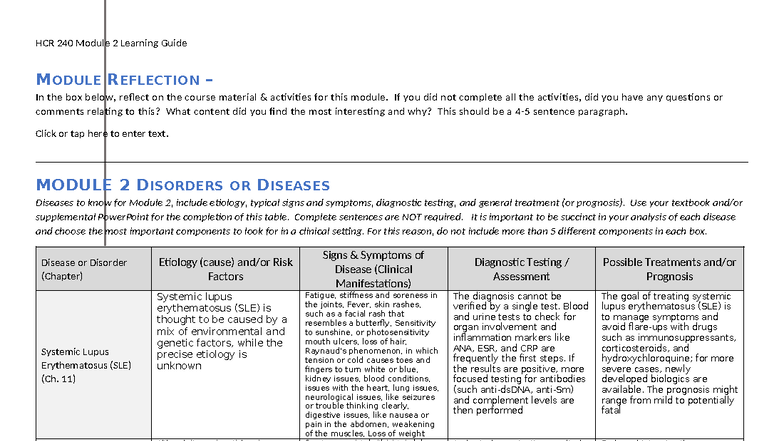 HCR 240 Module 2 Learning Guide: Reflection and Key Disorders - Studocu