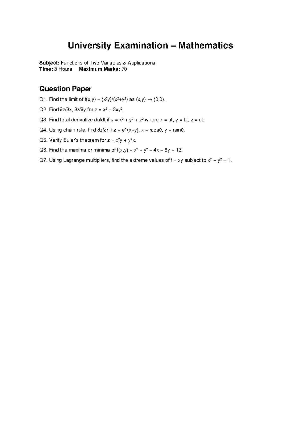 Functions of Two Variables Exam Paper with Solutions (Math 101) - Studocu