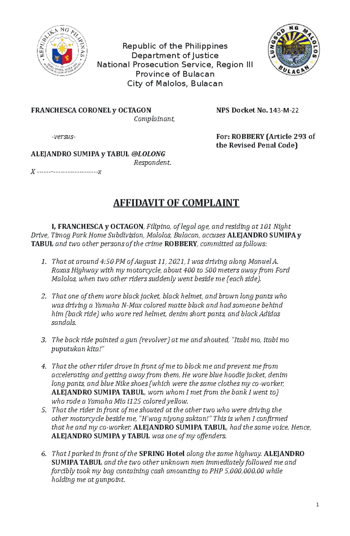 Affidavit of Complaint for Robbery (NPS Docket No. 143-M) - Studocu