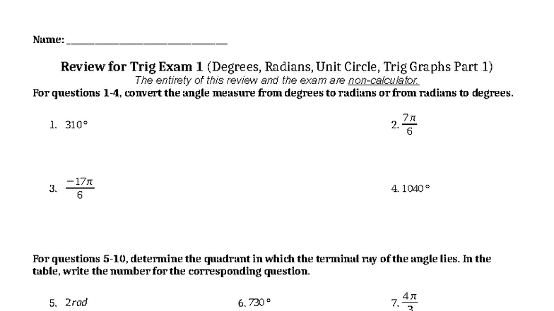 Review for Math 4R Trig Exam 1: Degrees, Radians, Unit Circle - Studocu