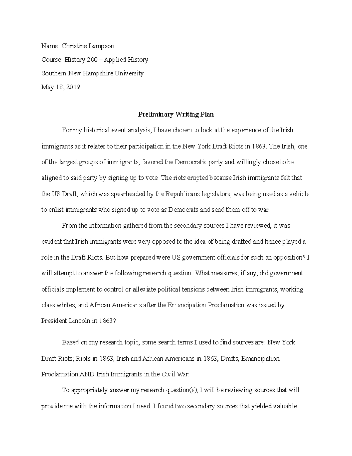 HIS 200 - Writing Plan 2 - Name: Christine Lampson Course: History 200 ...