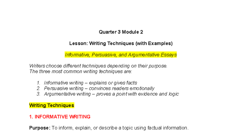 Quarter 3 Module 2 - Lecture: Writing Techniques for Essays - Studocu