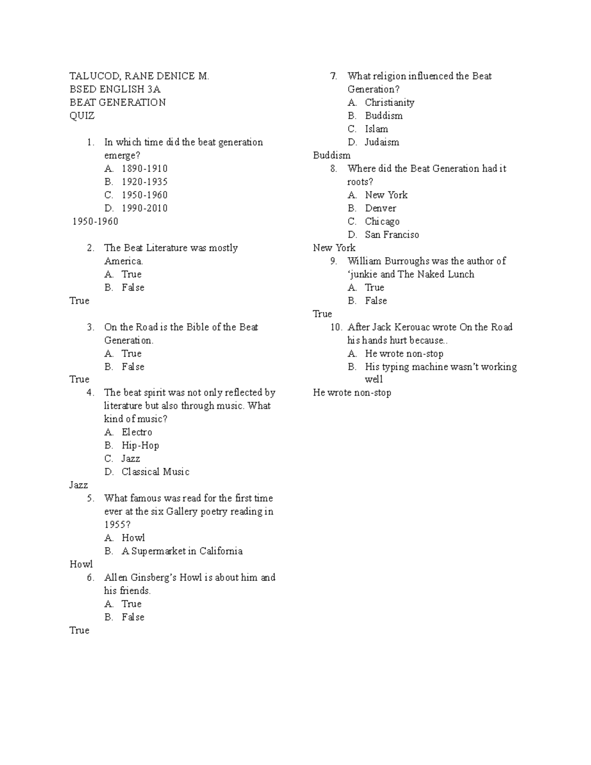 BSED ENGLISH 3A: Beat Generation Quiz Answers and Key Points - Studocu