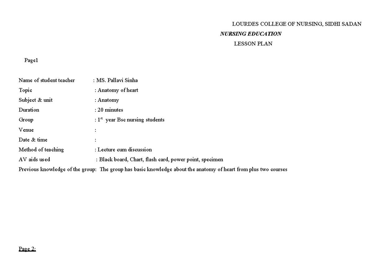 Anatomy of Heart Lesson Plan for Nursing 1st Year (464443747) - Studocu