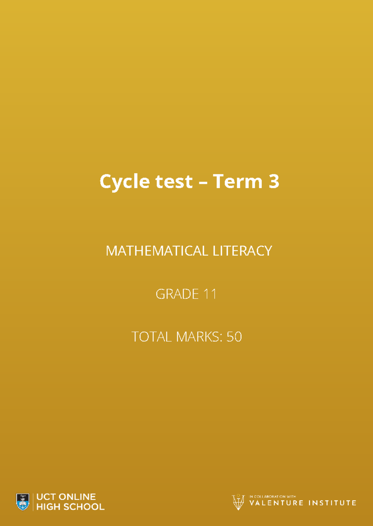 G11 Mathematical Literacy Term 3 Cycle Test Paper with Questions - Studocu