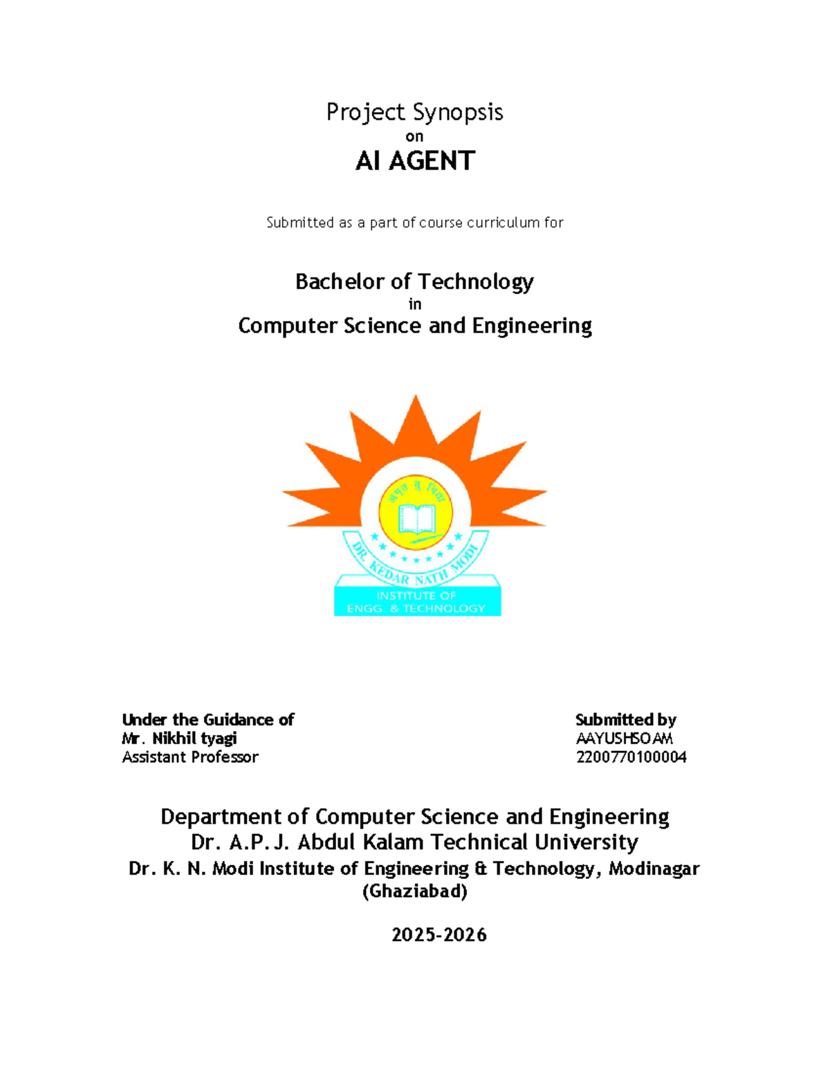 01 Synopsis format - Ddddddd - Drawing - Project Synopsis on AI AGENT ...
