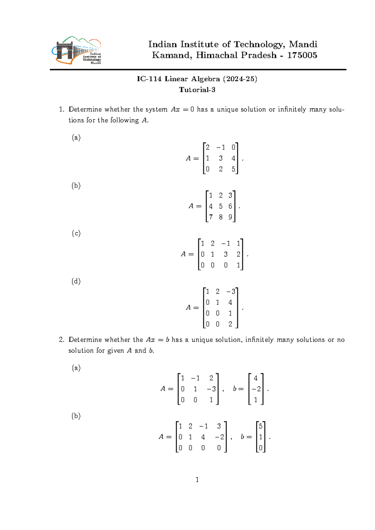 Linear Algebra 1 - Tutorial 3: Solutions to Systems of Equations - Studocu