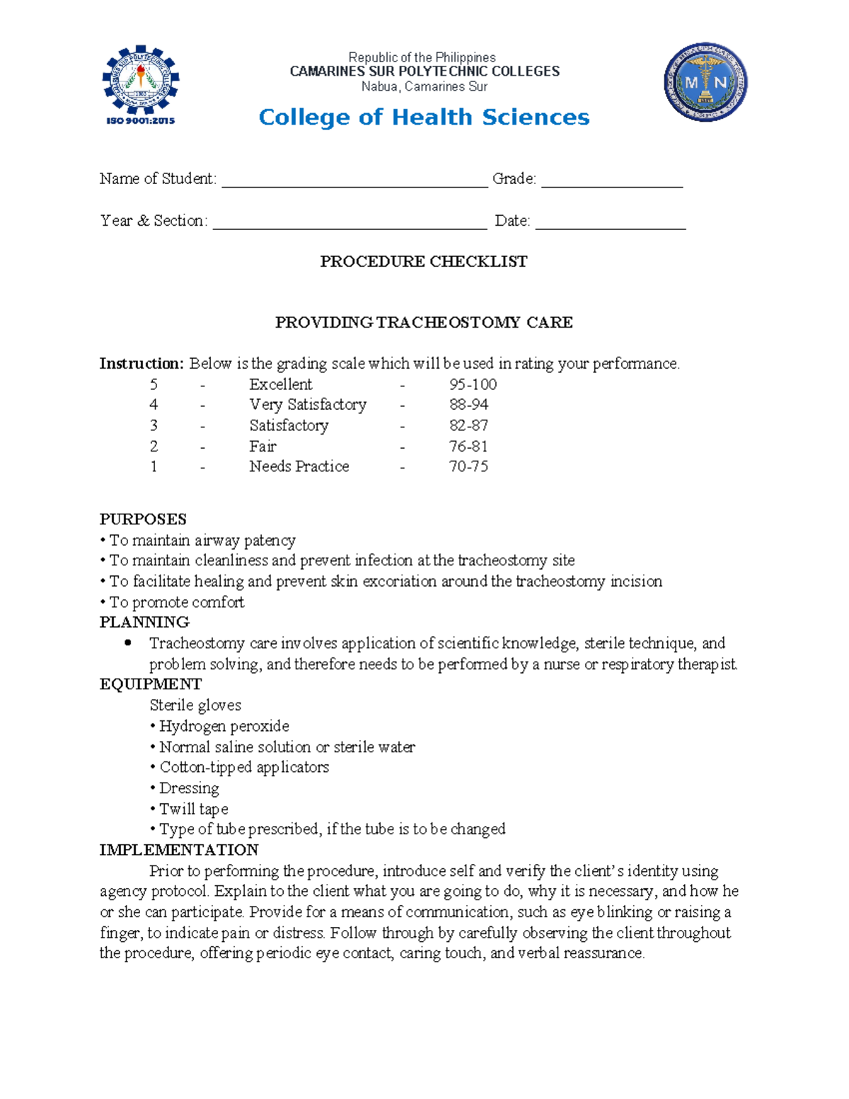 Tracheostomy Care Procedure Checklist - HSC 101 - Studocu