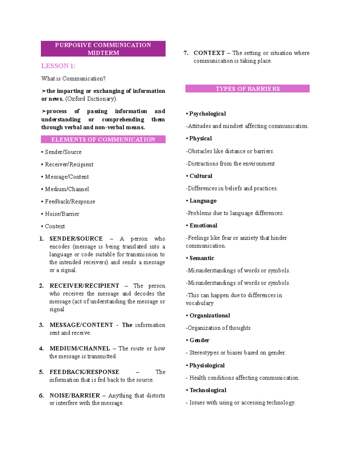 Purposive Communication - Midterm Study Notes on Key Concepts - Studocu