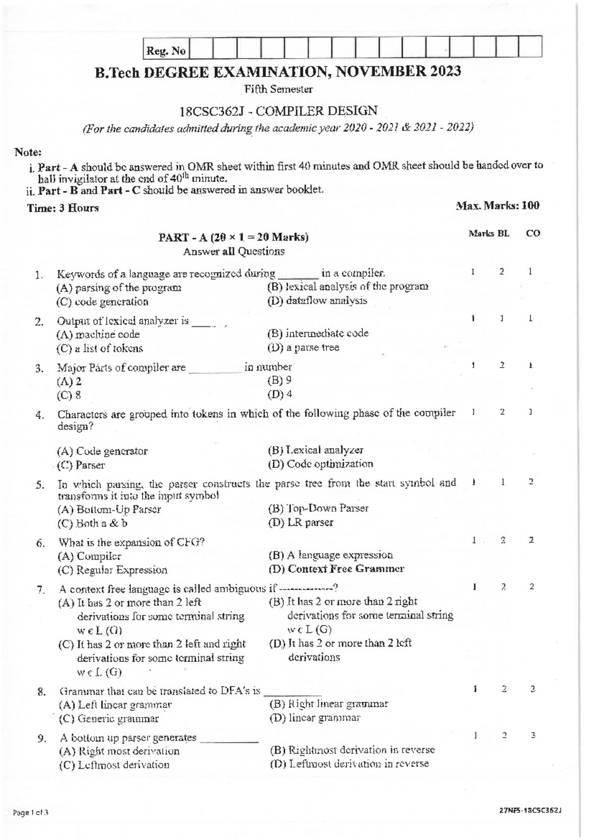 18CSC362J - Compiler Design Exam Notes for Nov 2023 - Studocu