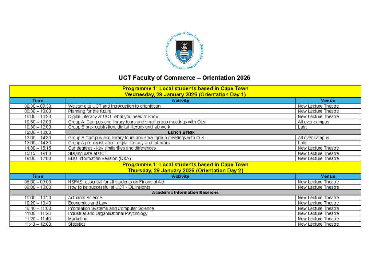UCT Commerce Orientation Programmes 2026: Schedule & Activities - Studocu