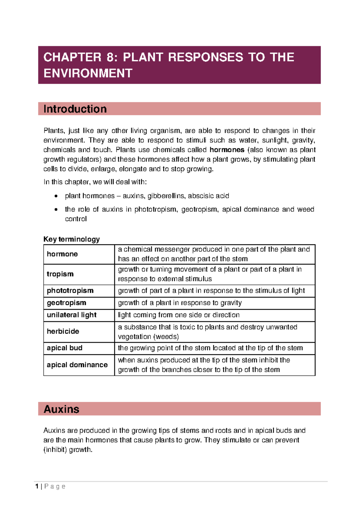 Life Sciences Grade 12 Chapter 8: Plant Responses to Environment - Studocu