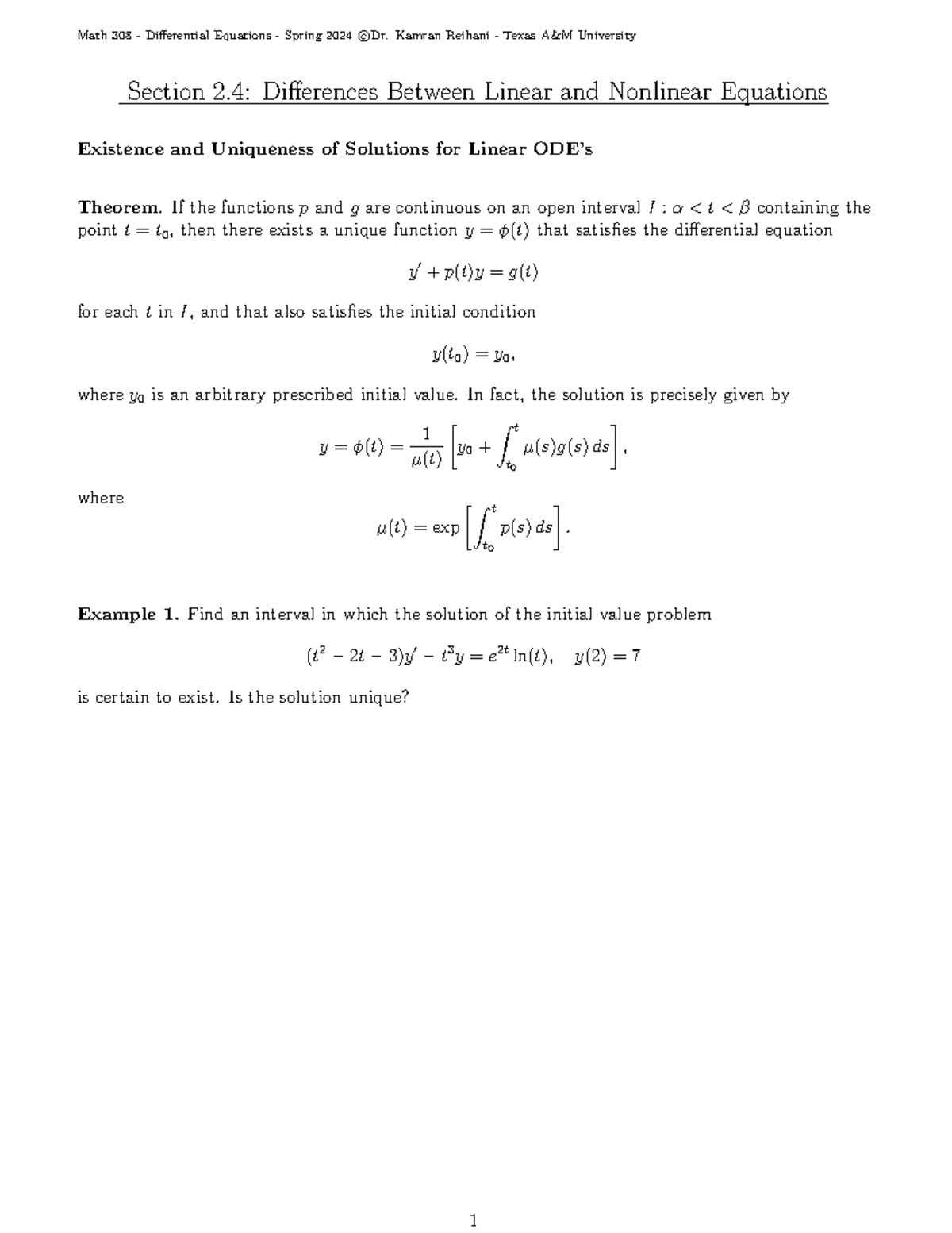 Math 308 - Differential Equations Lecture Notes by Dr. Reihani - Studocu