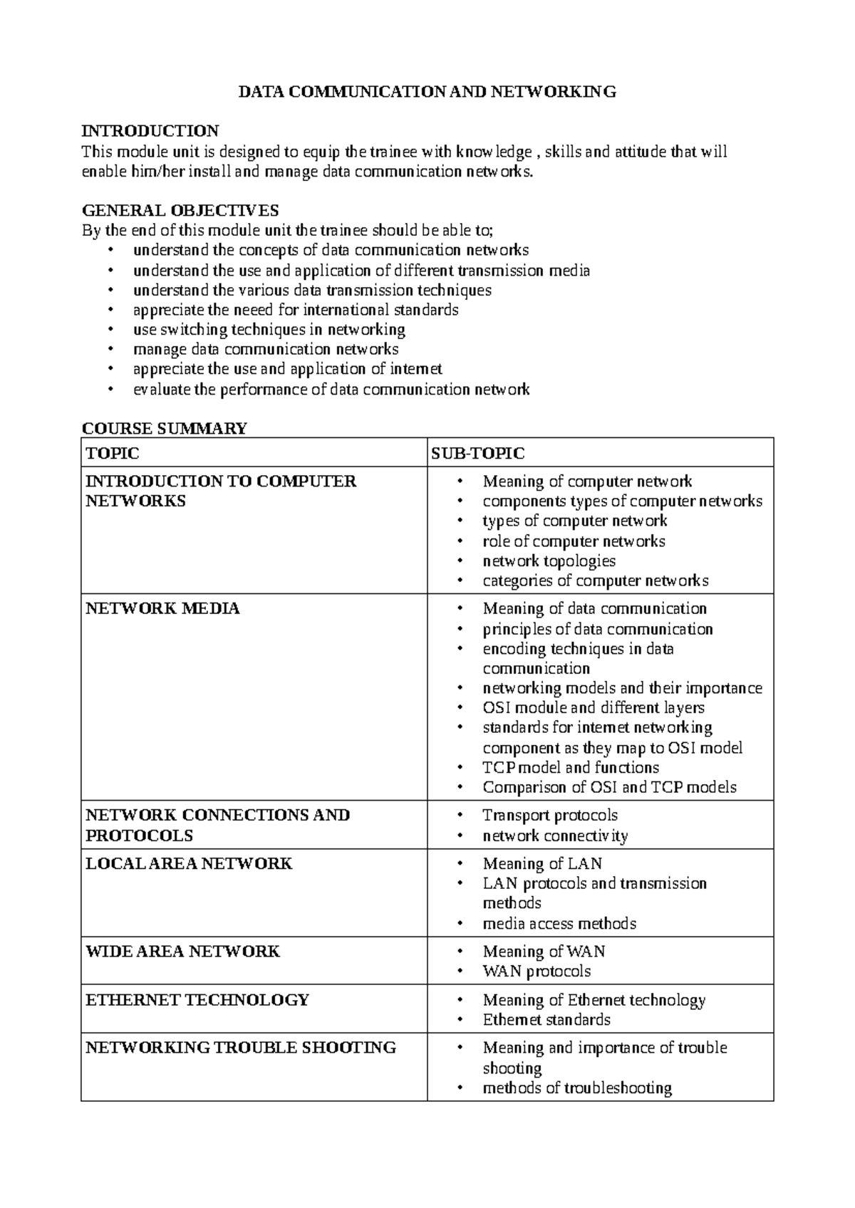 DATA COMMUNICATION AND NETWORKING COURSE OUTLINE - Studocu