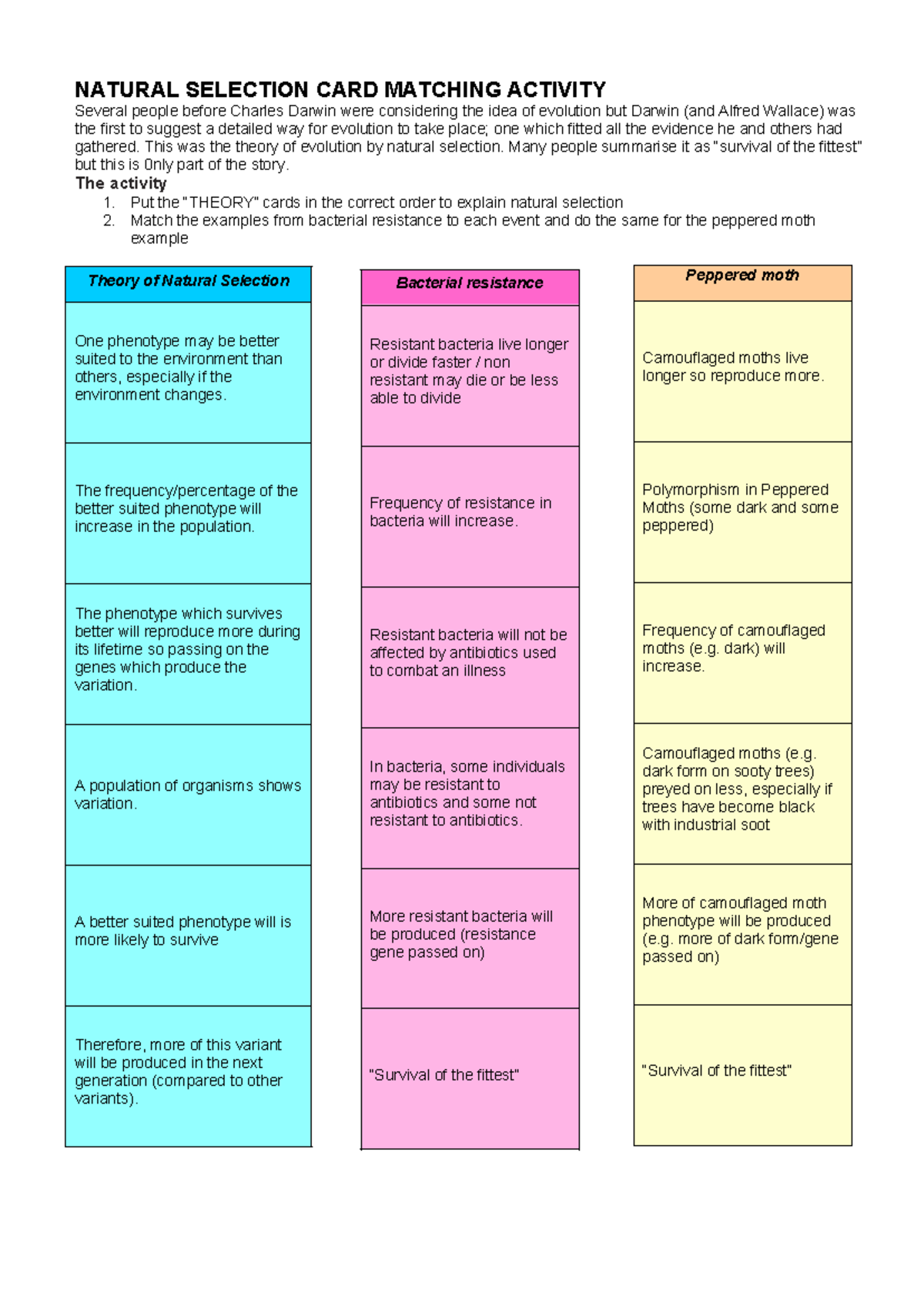 3.NS card matching activity copy - NATURAL SELECTION CARD MATCHING ...