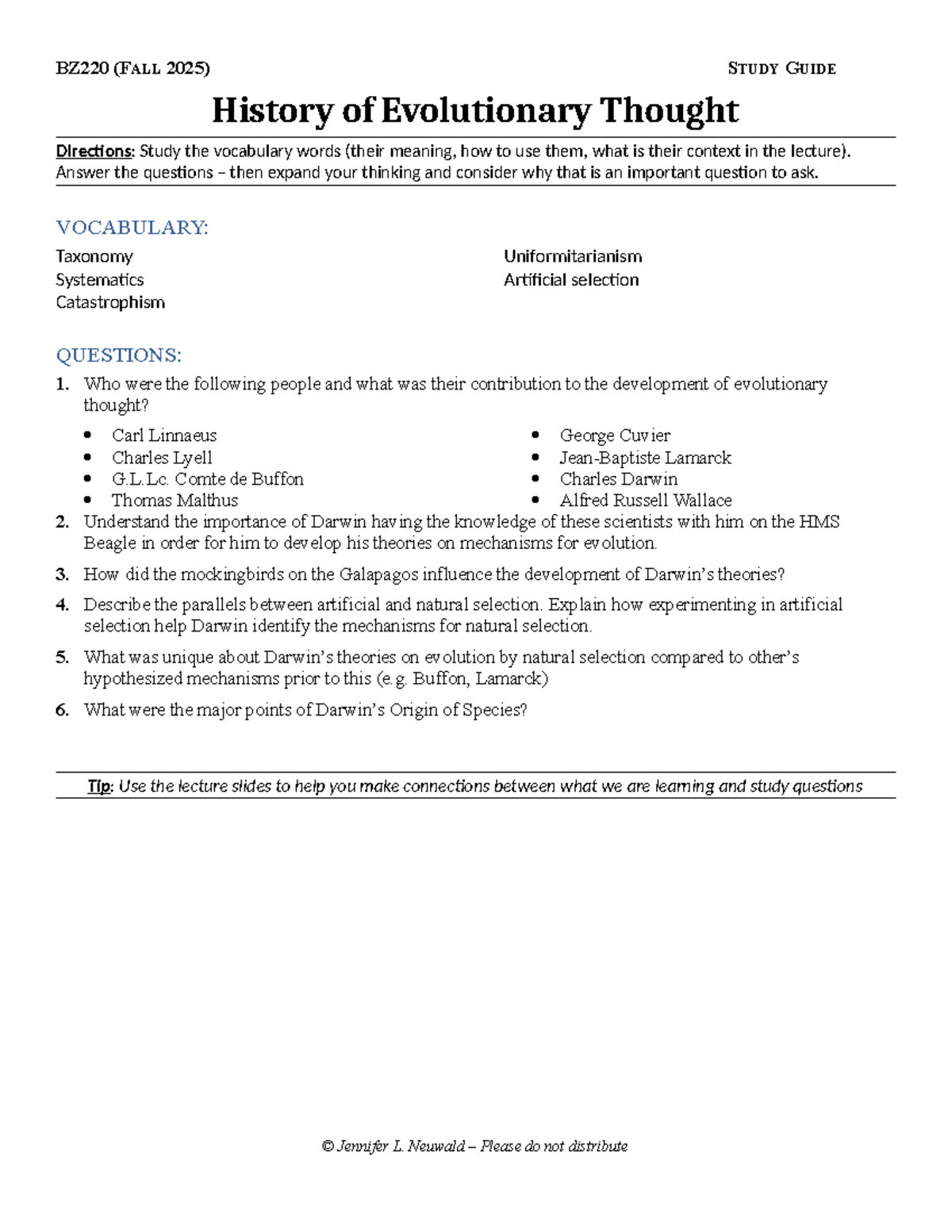 BZ220 Study Guide: Key Concepts in Evolutionary Thought (Fall 2025 ...
