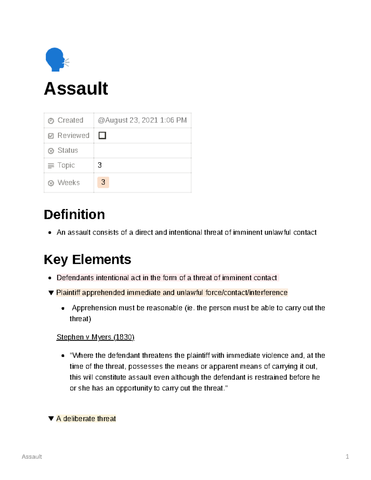 Assault: Key Elements and Case Law Overview for Week 3 Studies - Studocu
