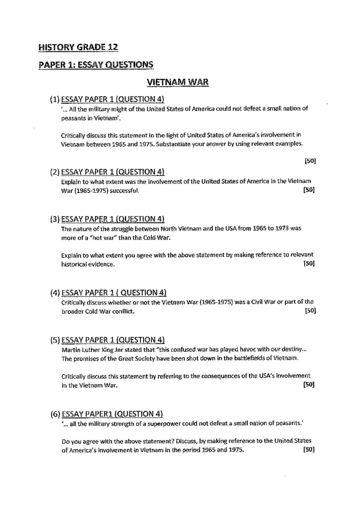 HISTORY GRADE 12: ESSAY QUESTIONS ON VIETNAM WAR (1965-1975) - Studocu