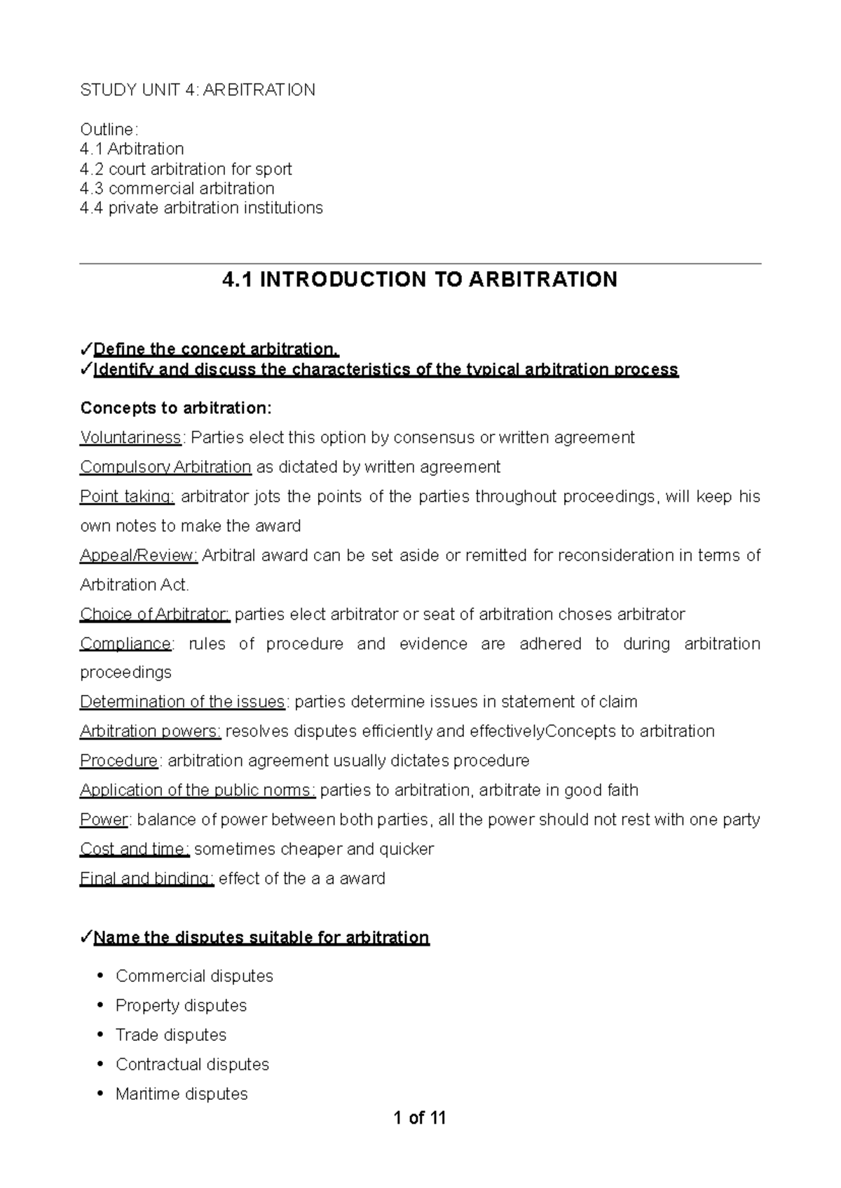 Unit 4: Arbitration - Overview of Key Concepts and Institutions - Studocu