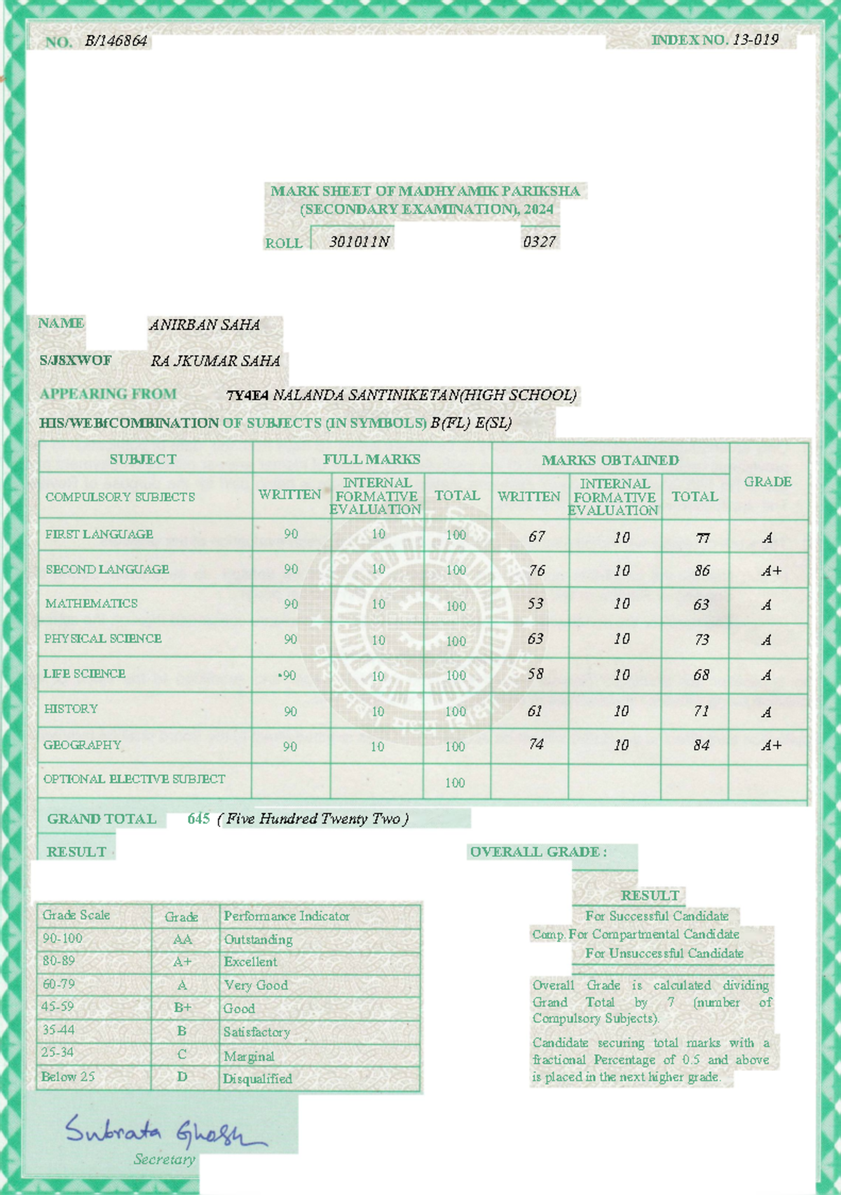 Marksheet OCR - Summary Financial management - B/146864 INDEX NO. 13 ...