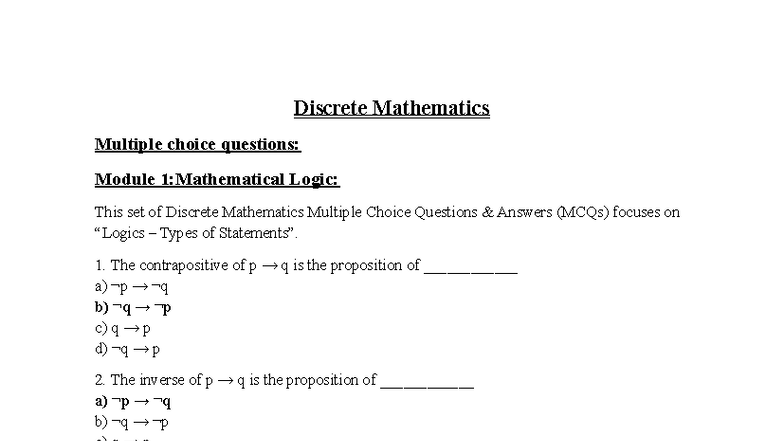Discrete Mathematics MCQs: Module 1 - Mathematical Logic - Studocu