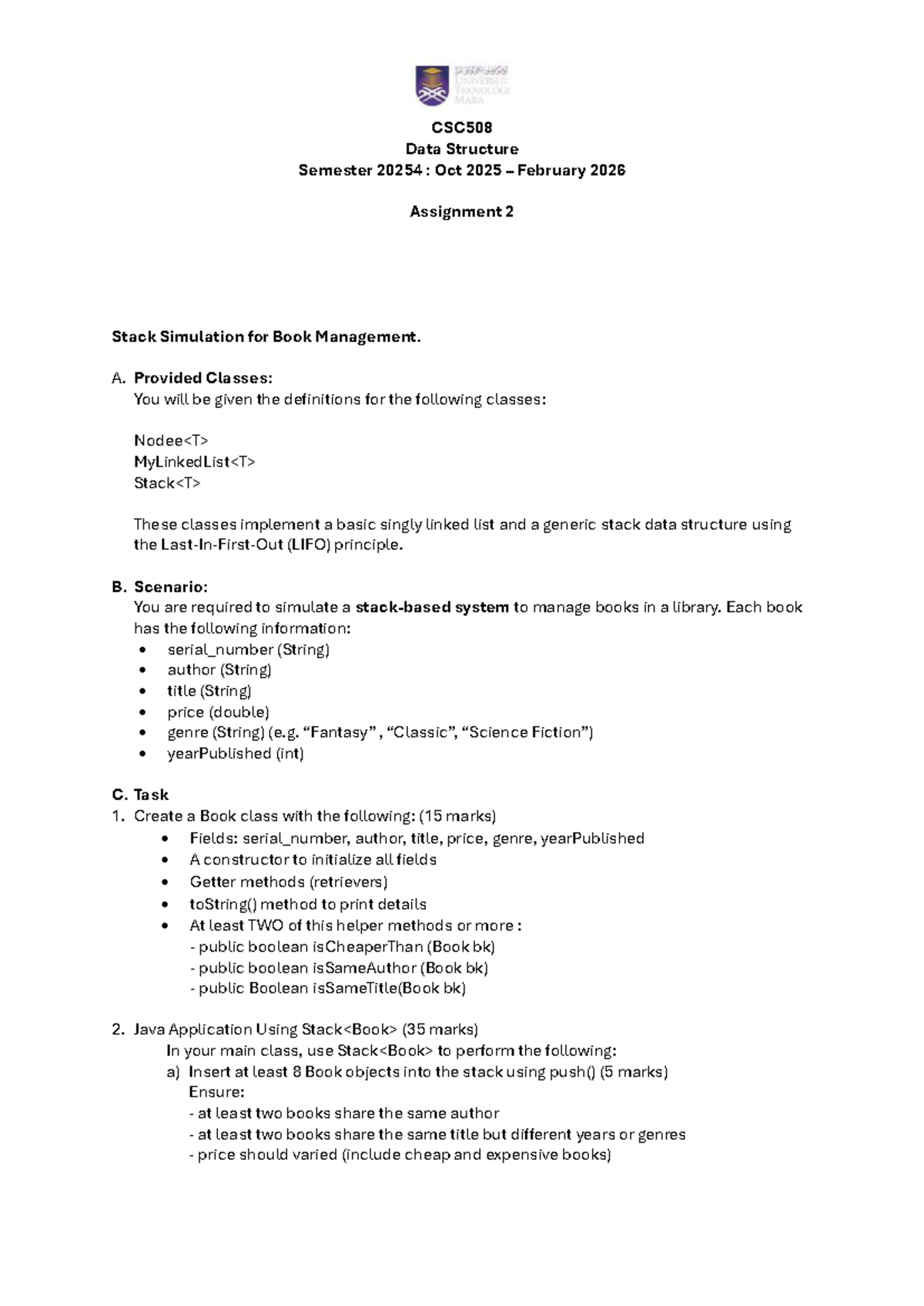 CSC508 Data Structure Semester 20254: Assignment 2 - Stack Simulation ...
