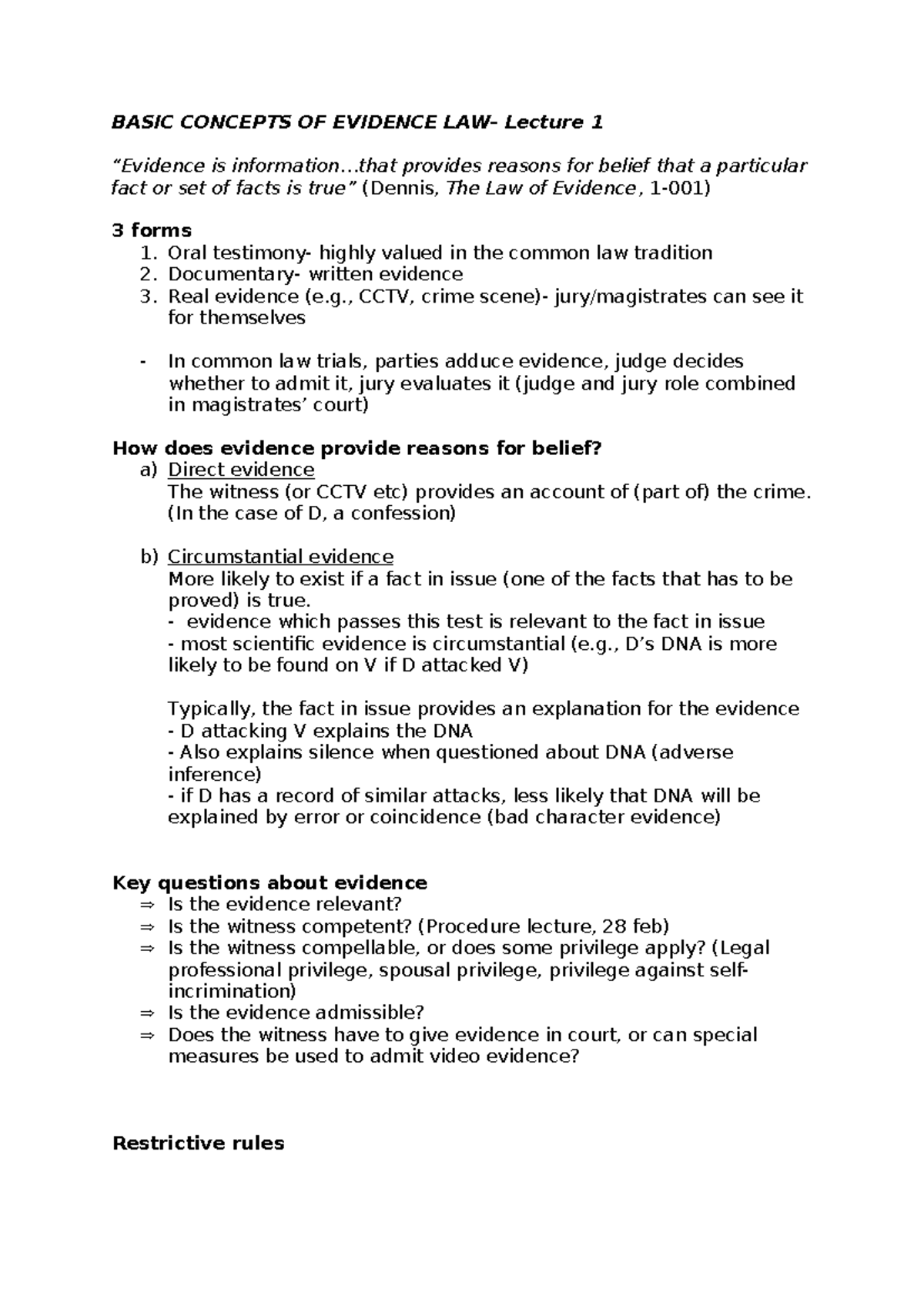 Evidence Law Lecture 1: Basic Concepts & Types of Evidence - Studocu
