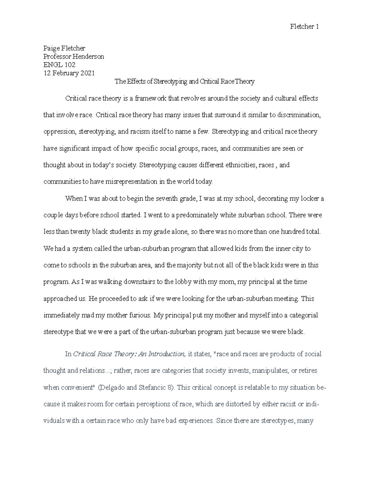 CRT Essay 1 - Grade: A - Fletcher 1 Paige Fletcher Professor Henderson ...
