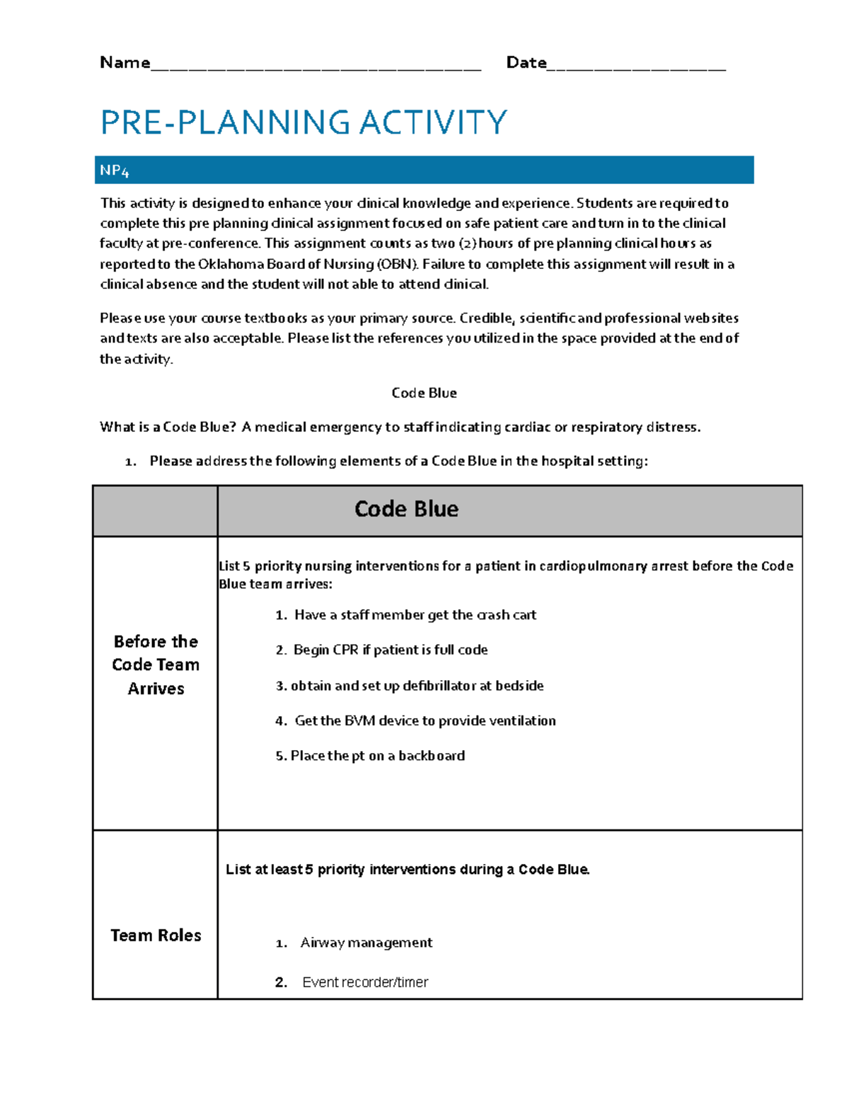 #2 preplan np4 code blue copy 2 - Name___________________________________ Date ...
