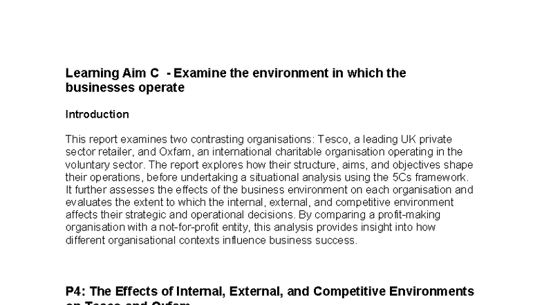 Exploring Tesco and Oxfam: Learning Aim C P4, P5, M3, D2 Analysis - Studocu